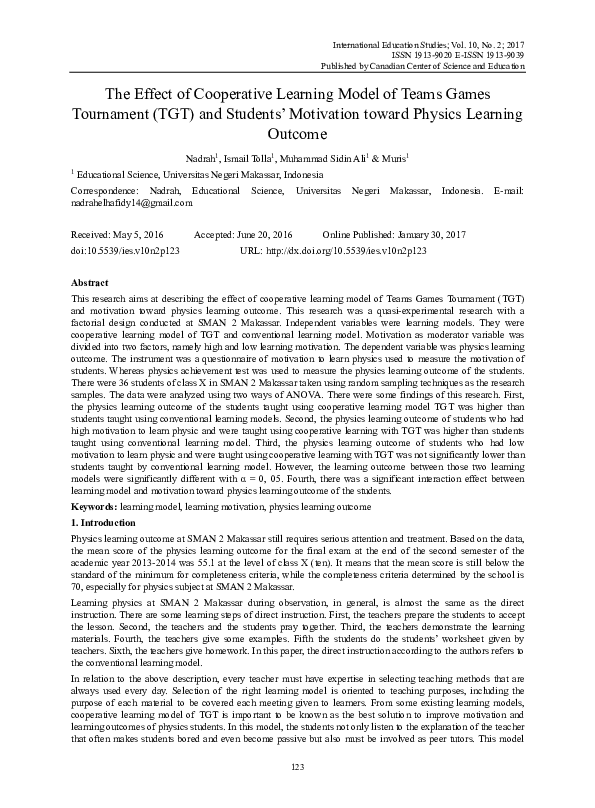(PDF) The Effect of Cooperative Learning Model of Teams Games Tournament (TGT) and Students ...