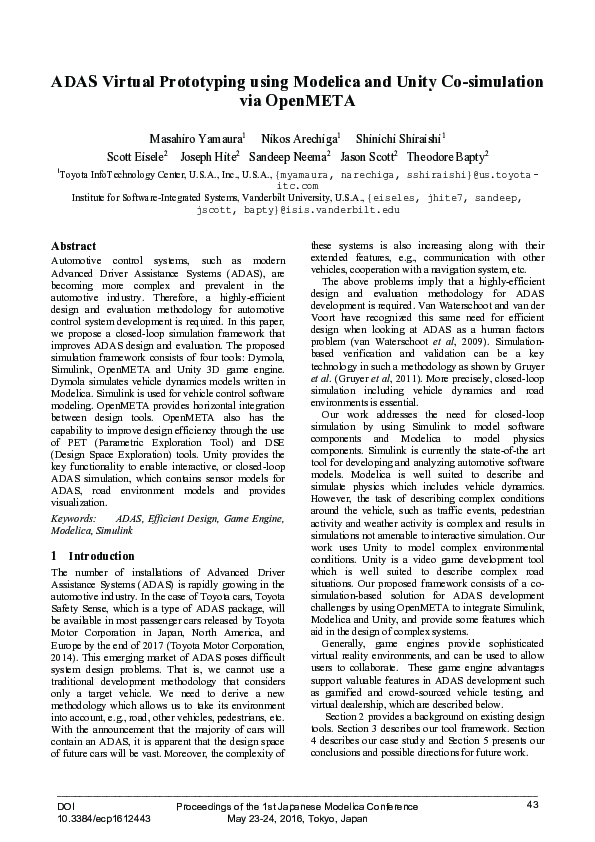 Pdf Adas Virtual Prototyping Using Modelica And Unity Co Simulation Via Openmeta