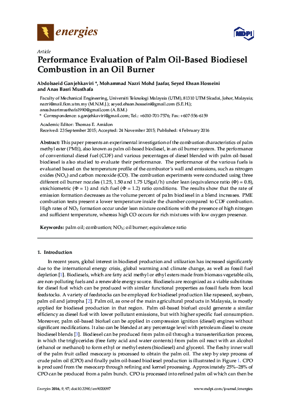 (PDF) Performance Evaluation of Palm Oil-Based Biodiesel Combustion in ...
