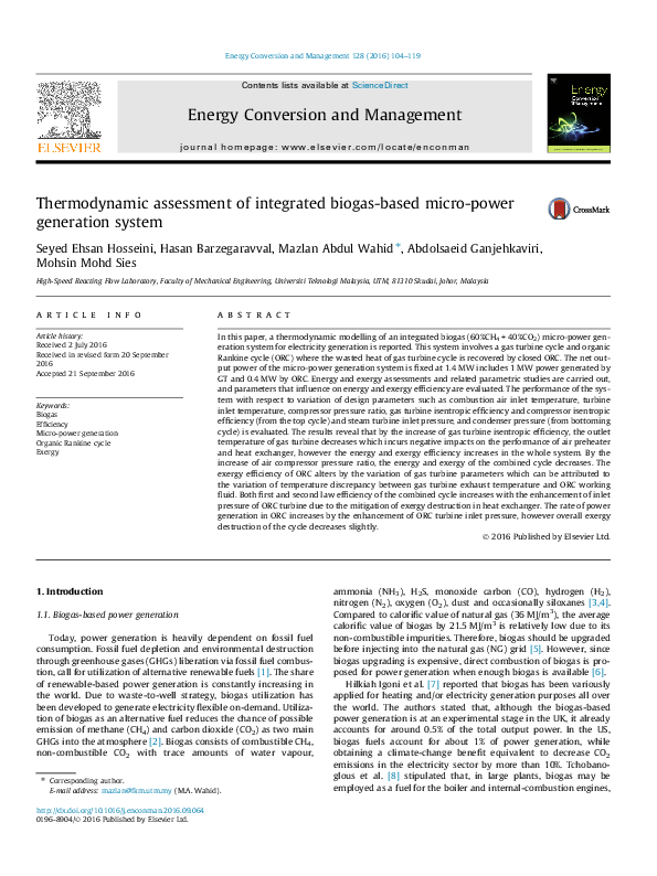 (PDF) Thermodynamic assessment of integrated biogas-based micro-power ...