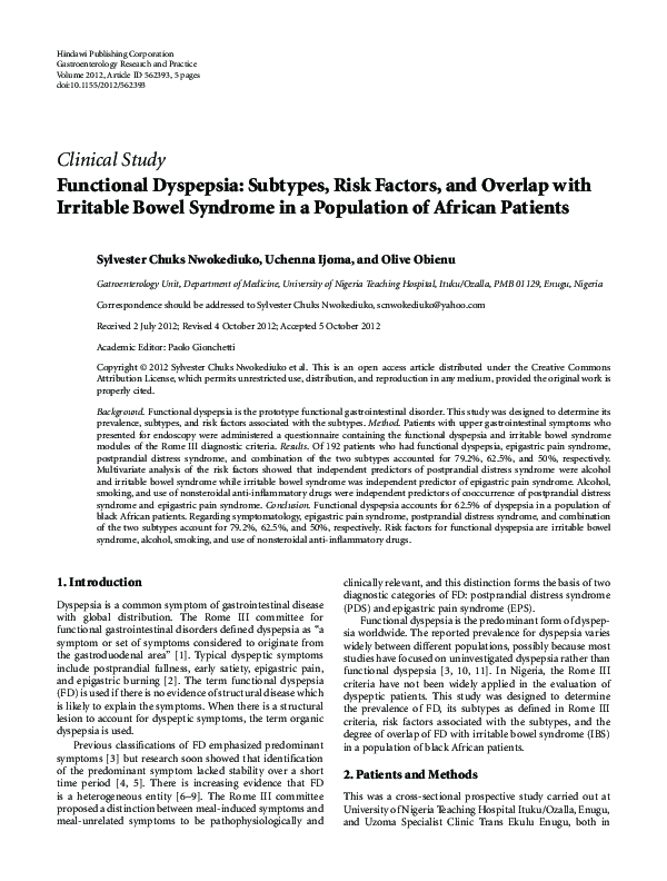 (PDF) Functional Dyspepsia: Subtypes, Risk Factors, and Overlap with Irritable Bowel Syndrome in ...