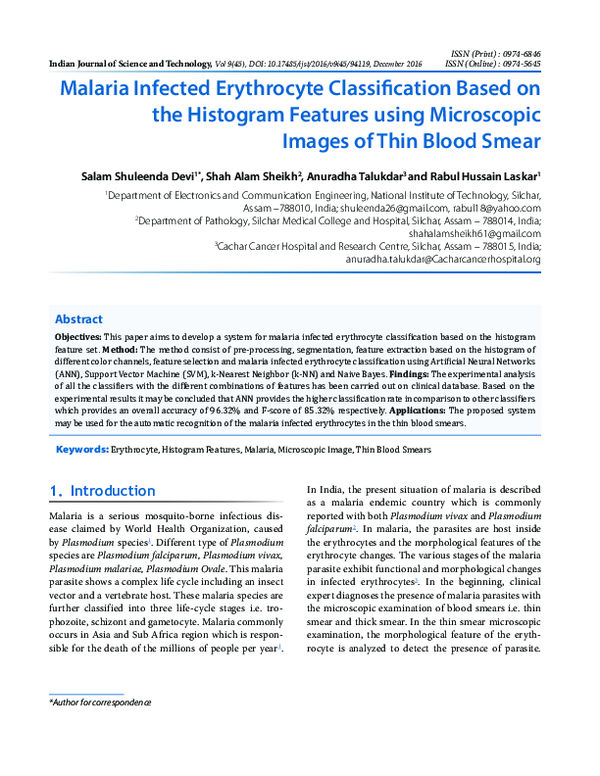 (PDF) Malaria Infected Erythrocyte Classification Based on the ...