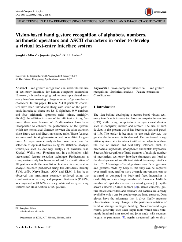 Pdf Vision Based Hand Gesture Recognition Of Alphabets Numbers Arithmetic Operators And 