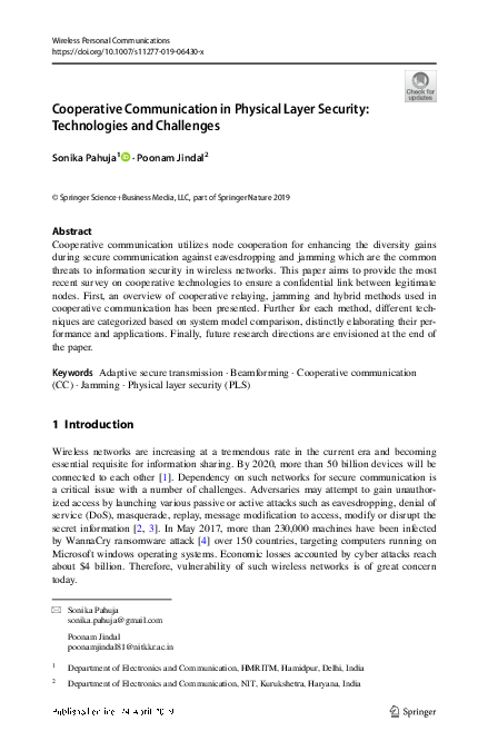 (PDF) Cooperative Communication in Physical Layer Security: Technologies and Challenges