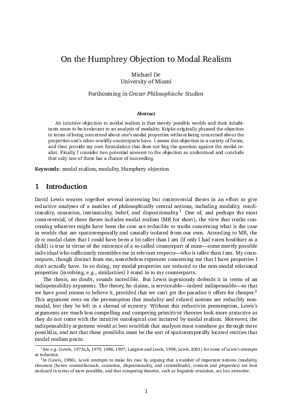(PDF) On the Humphrey Objection to Modal Realism