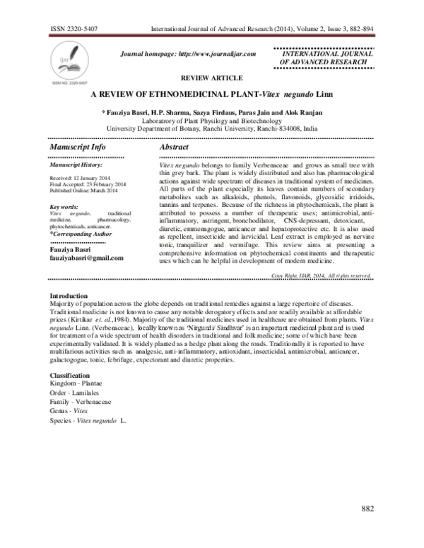 (PDF) A REVIEW OF ETHNOMEDICINAL PLANT-Vitex negundo Linn