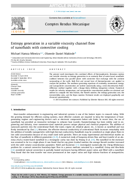 (PDF) Entropy generation in a variable viscosity channel flow of nanofluids with convective cooling