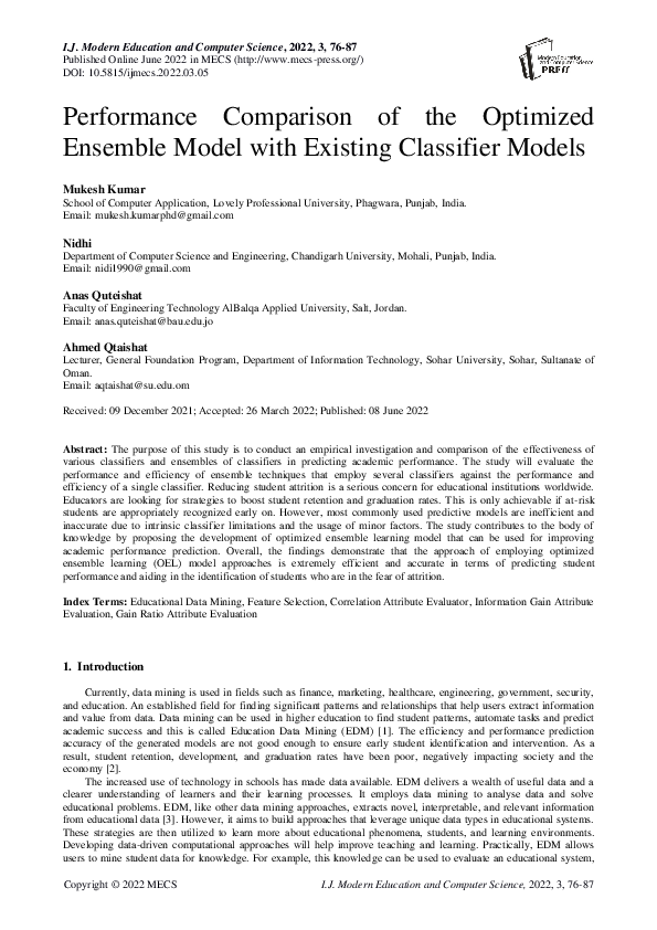 Pdf Performance Comparison Of The Optimized Ensemble Model With Existing Classifier Models