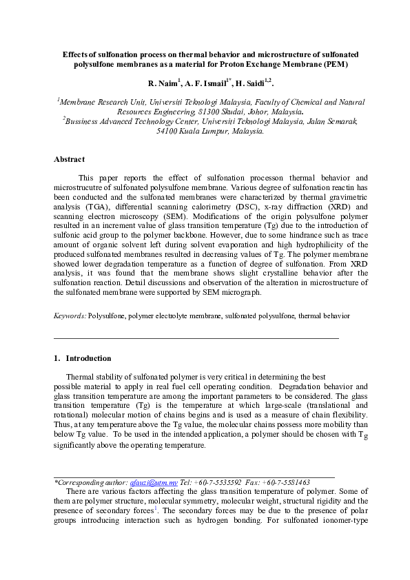 (PDF) Effects of sulfonation process on thermal behavior and ...