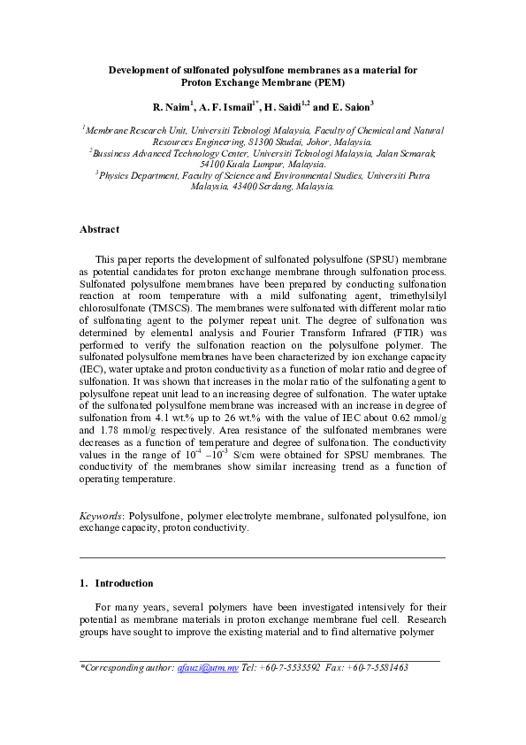 (PDF) Sulfonated Polysulfone Membranes for PEM