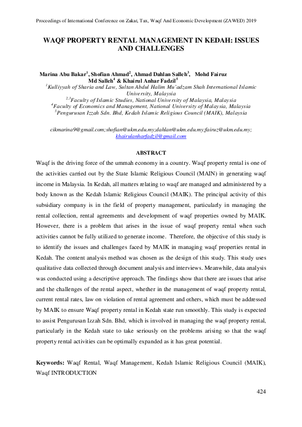 (PDF) Waqf property rental management in Kedah: issues and challenges