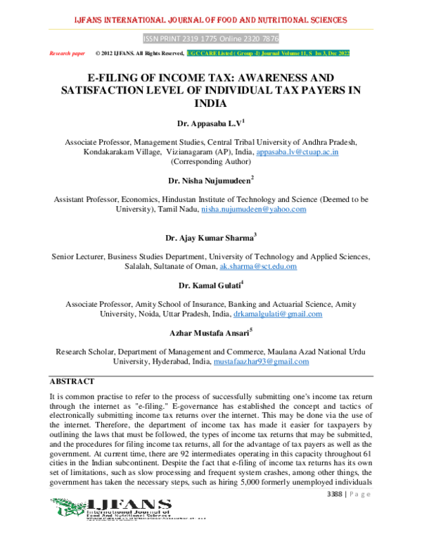 (PDF) E-FILING OF INCOME TAX: AWARENESS AND SATISFACTION LEVEL OF ...