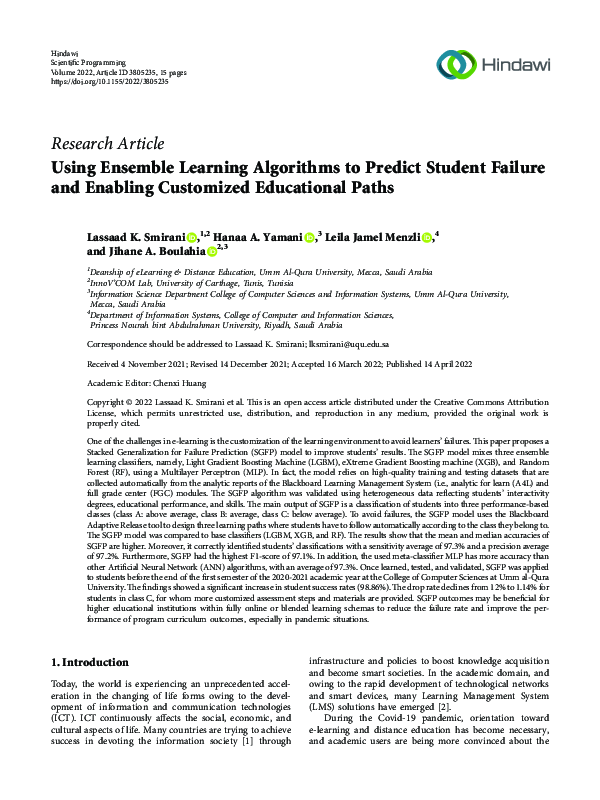 (PDF) Using Ensemble Learning Algorithms to Predict Student Failure and Enabling Customized ...