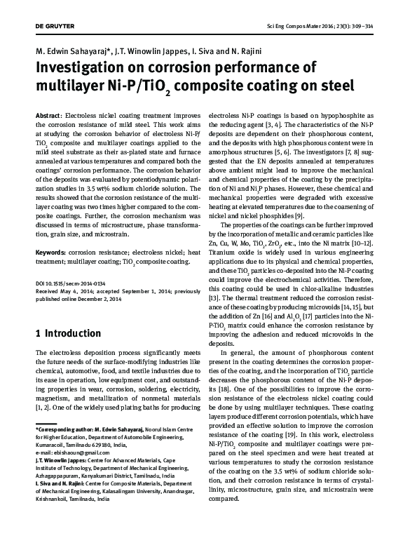 Pdf Investigation On Corrosion Performance Of Multilayer Ni P Tio2