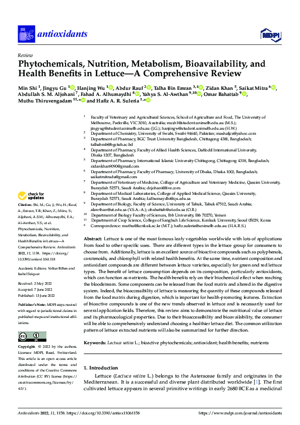 (PDF) Phytochemicals, Nutrition, Metabolism, Bioavailability, and Health Benefits in Lettuce—A ...