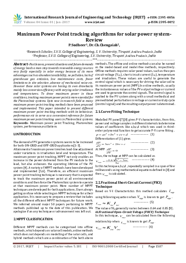 (PDF) Maximum Power Point tracking algorithms for solar power system ...