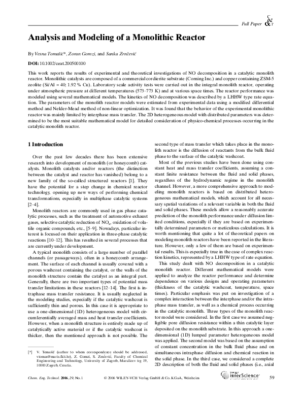Analysis and Modeling of a Monolithic Reactor