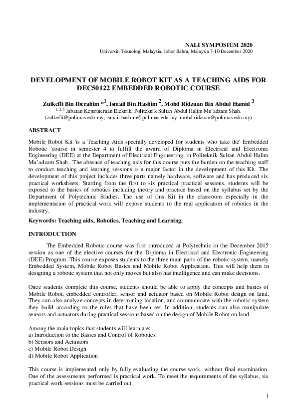 (PDF) DEVELOPMENT OF MOBILE ROBOT KIT AS A TEACHING AIDS FOR DEC50122 EMBEDDED ROBOTIC COURSE
