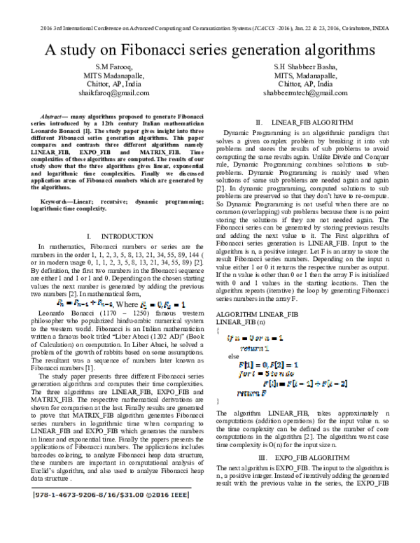 (PDF) A study on Fibonacci series generation algorithms