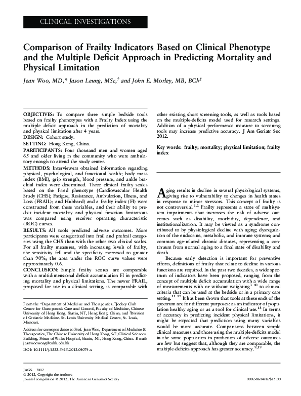 Pdf Comparison Of Frailty Indicators Based On Clinical Phenotype And The Multiple Deficit