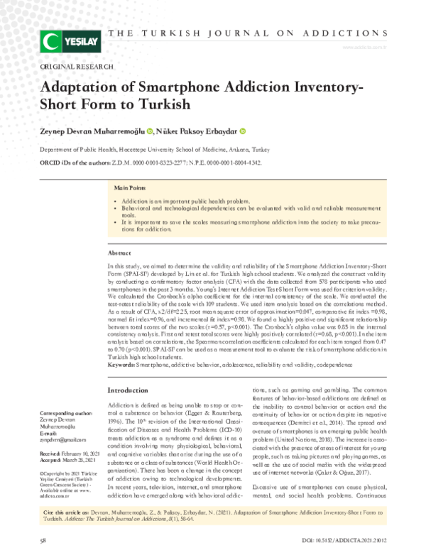 (PDF) Adaptation of Smartphone Addiction Inventory-Short Form to Turkish