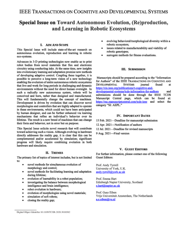 (PDF) Special Issue on Toward Autonomous Evolution, (Re)production, and Learning in Robotic ...