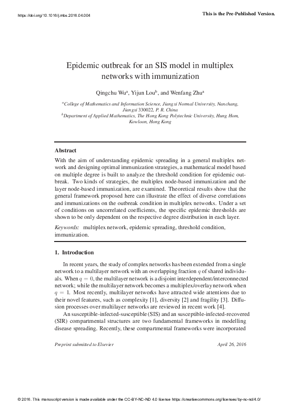 Pdf Epidemic Outbreak For An Sis Model In Multiplex Networks With