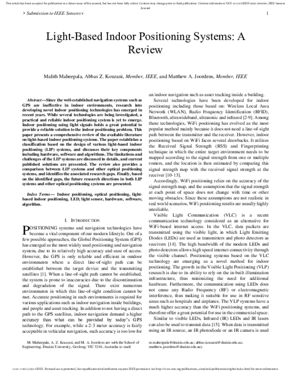 Pdf Light Based Indoor Positioning Systems A Review Matthew
