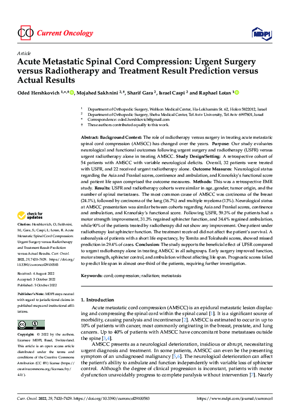 (PDF) Acute Metastatic Spinal Cord Compression: Urgent Surgery versus Radiotherapy and Treatment ...