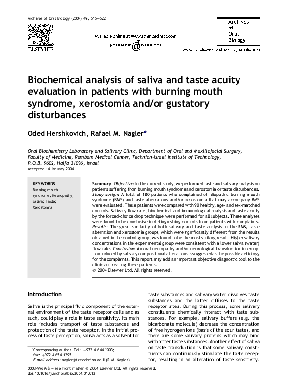 (PDF) Biochemical analysis of saliva and taste acuity evaluation in ...