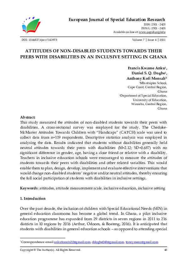 (PDF) Attitudes of Non-Disabled Students Towards Their Peers with Disabilities in an Inclusive ...