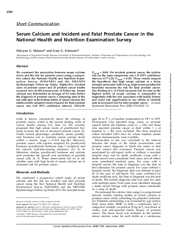 (PDF) Serum calcium and incident and fatal prostate cancer in the ...
