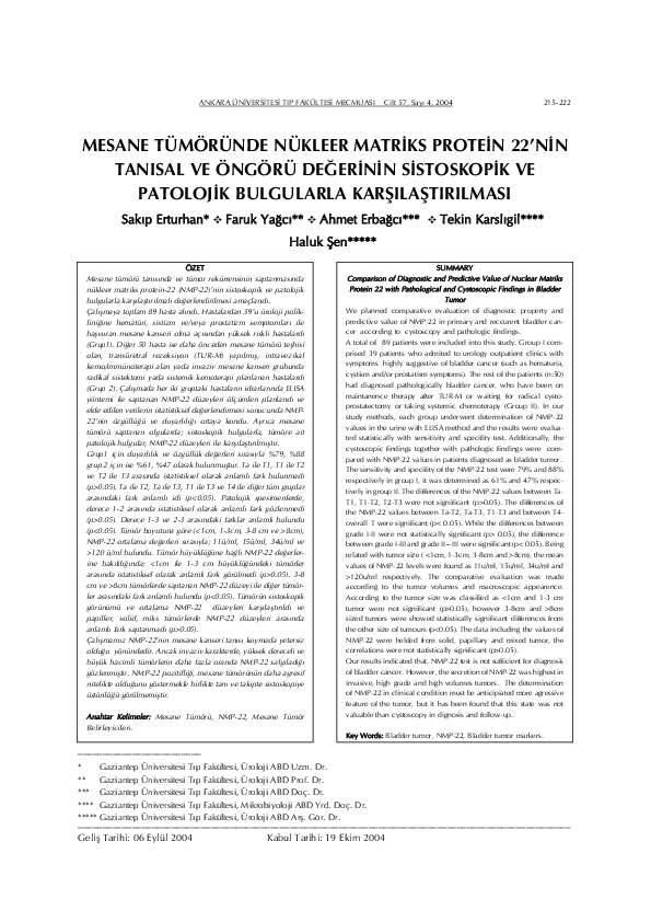 (PDF) Mesane Tümöründe Nükleer Matri̇ks Protei̇n 22'NİN Tanisal Ve Öngörü Değeri̇ni̇n ...