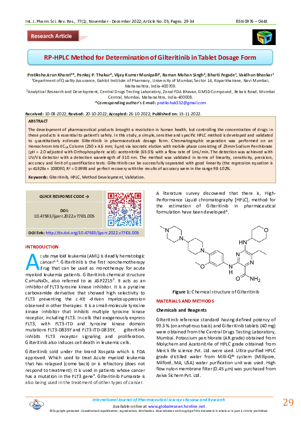(PDF) RP-HPLC Method for Determination of Gilteritinib in Tablet Dosage ...
