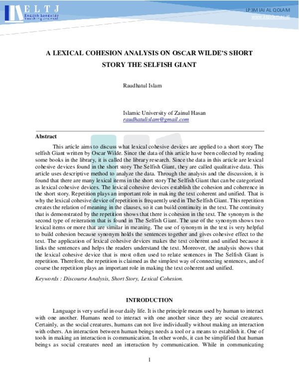 Pdf A Lexical Cohesion Analysis On Oscar Wildes Short Story The