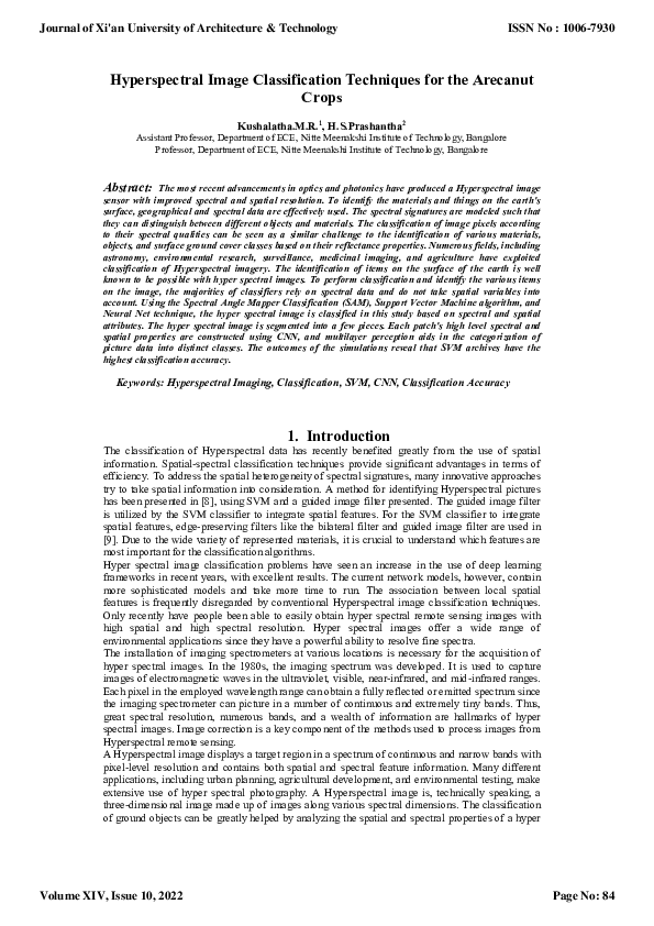 (PDF) Hyperspectral Image Classification Techniques for the Arecanut Crops