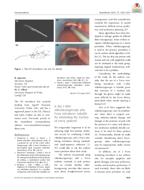(PDF) Is the C-MAC videolaryngoscope plus Frova introducer suitable for ...