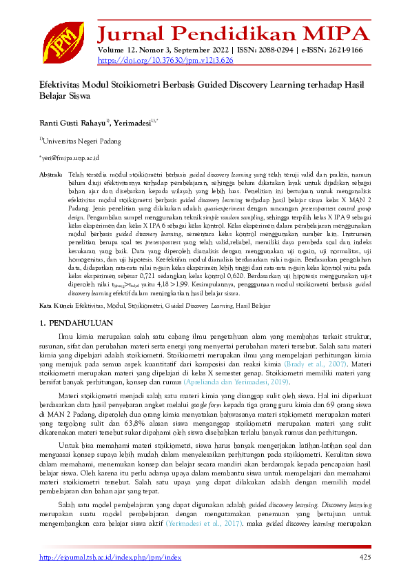 (PDF) Efektivitas Modul Stoikiometri Berbasis Guided Discovery Learning terhadap Hasil Belajar Siswa