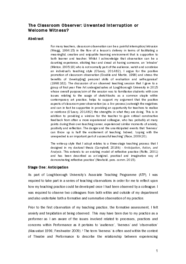 (PDF) The classroom observer: unwanted interruption or welcome witness?