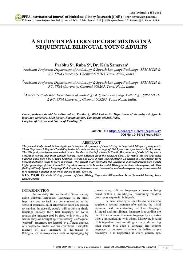 (PDF) A Study on Pattern of Code Mixing in a Sequential Bilingual Young Adults