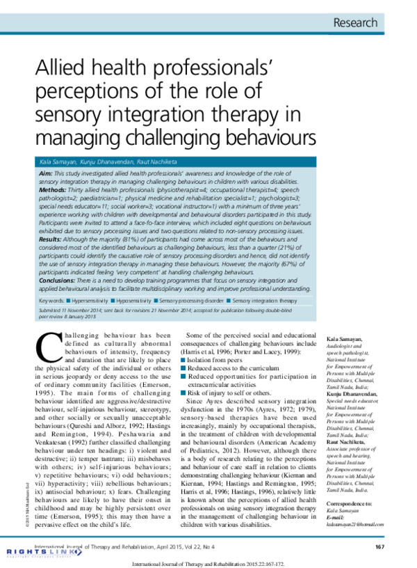 (PDF) Allied health professionals' perceptions of the role of sensory integration therapy in ...