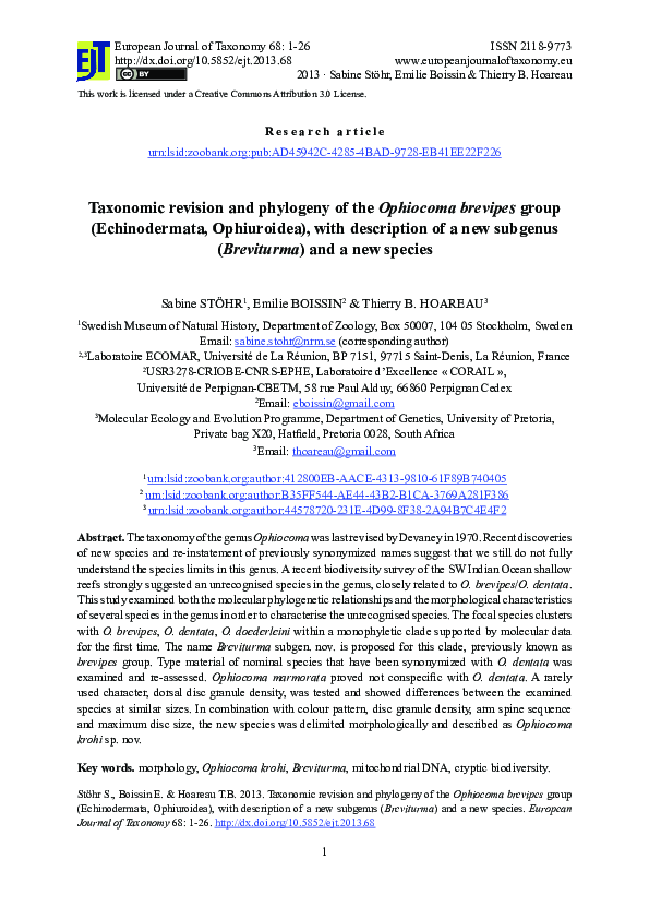 (PDF) Taxonomic revision and phylogeny of the Ophiocoma brevipes group ...