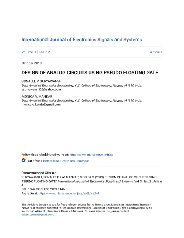 Pdf Design Of Analog Circuits Using Pseudo Floating Gate