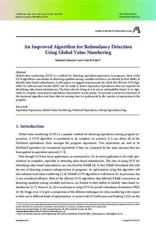 Pdf An Improved Algorithm For Redundancy Detection Using Global Value