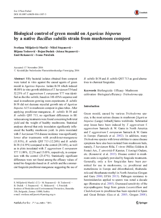 (PDF) Biological control of green mould on Agaricus bisporus by a native Bacillus subtilis ...