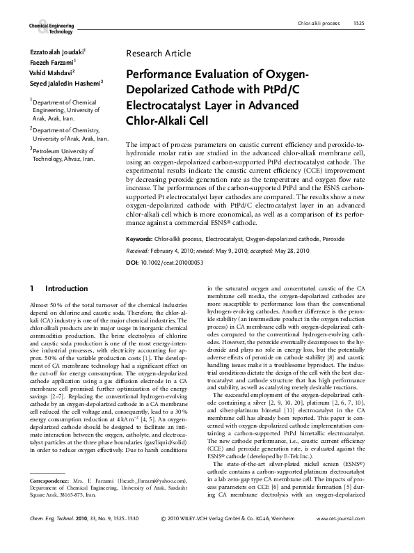 (PDF) Performance Evaluation of Oxygen-Depolarized Cathode with PtPd/C ...