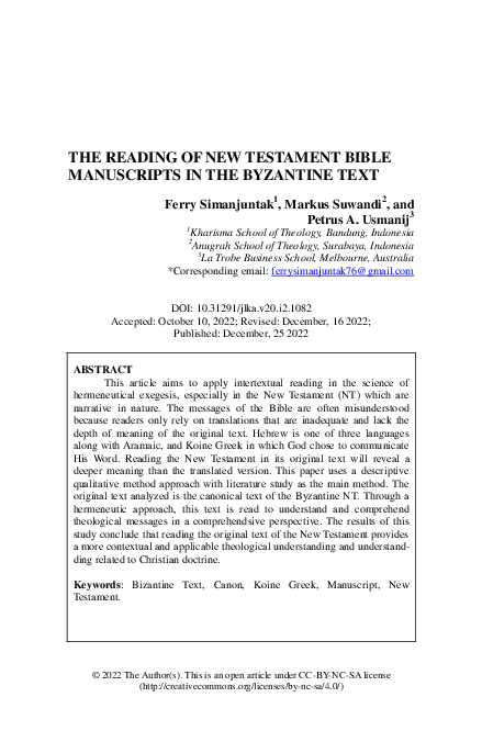 (PDF) The Reading of New Testament Bible Manuscripts in the Byzantine Text