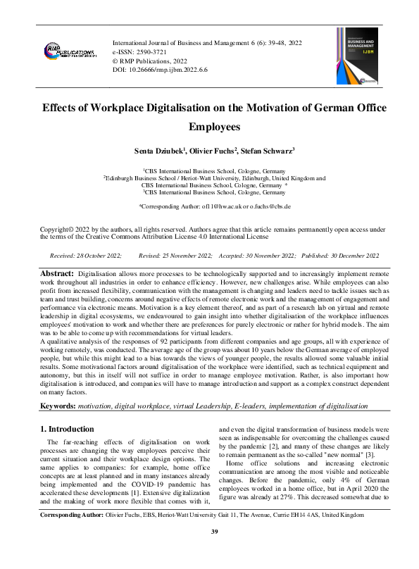 (PDF) Effects of Workplace Digitalisation on the Motivation of German ...