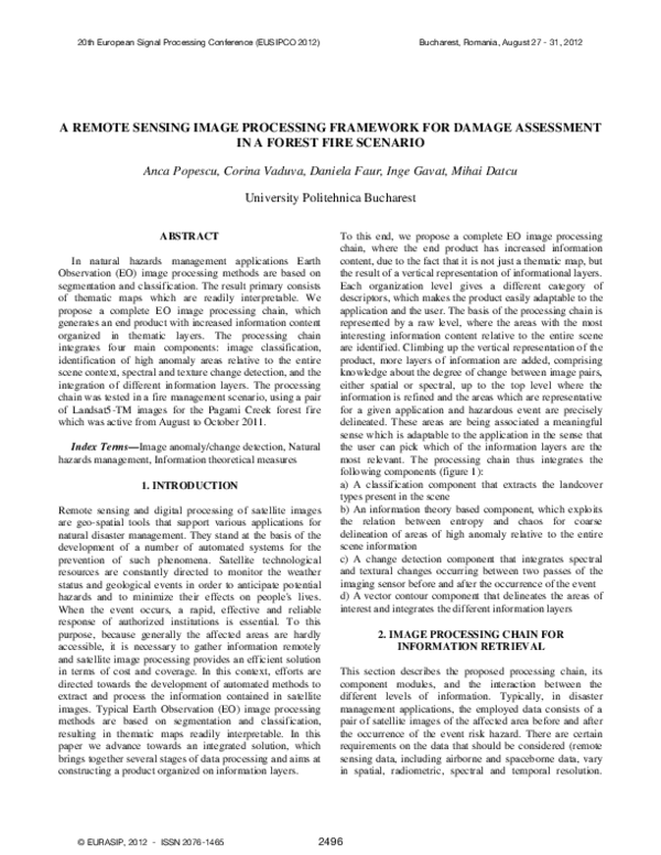 (PDF) A Remote Sensing Image Processing Framework For Damage Assessment In A Forest Fire Scenario