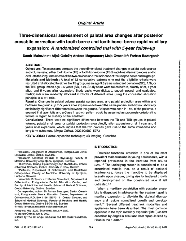 (PDF) Three-dimensional assessment of palatal area changes after posterior crossbite correction ...